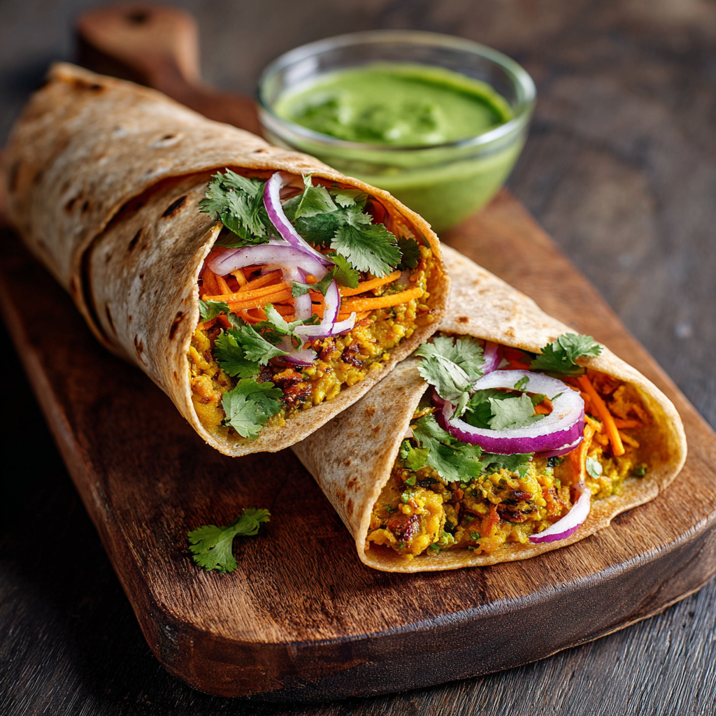 Charred Eggplant Bharta Wraps with Fresh Mint Chutney