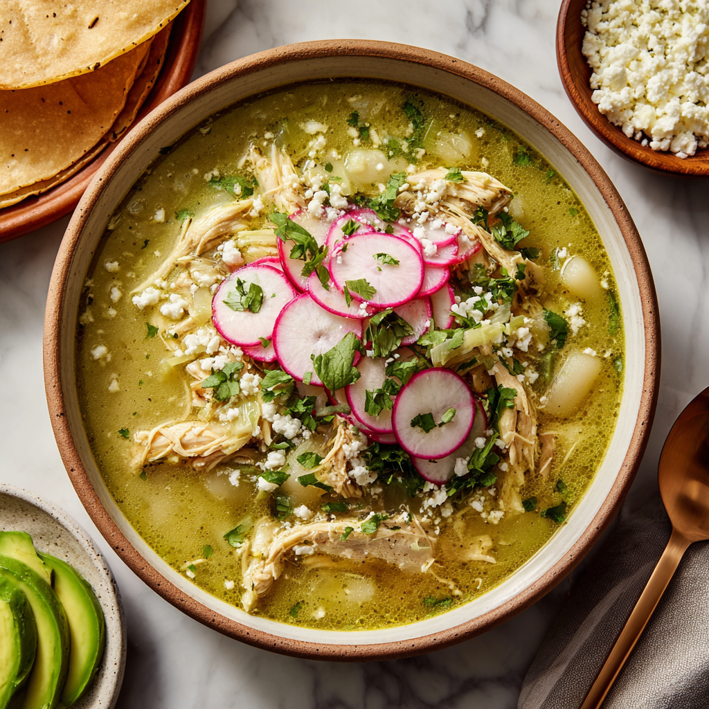 Creamy Green Pozole with Shredded Chicken – A Cozy Classic