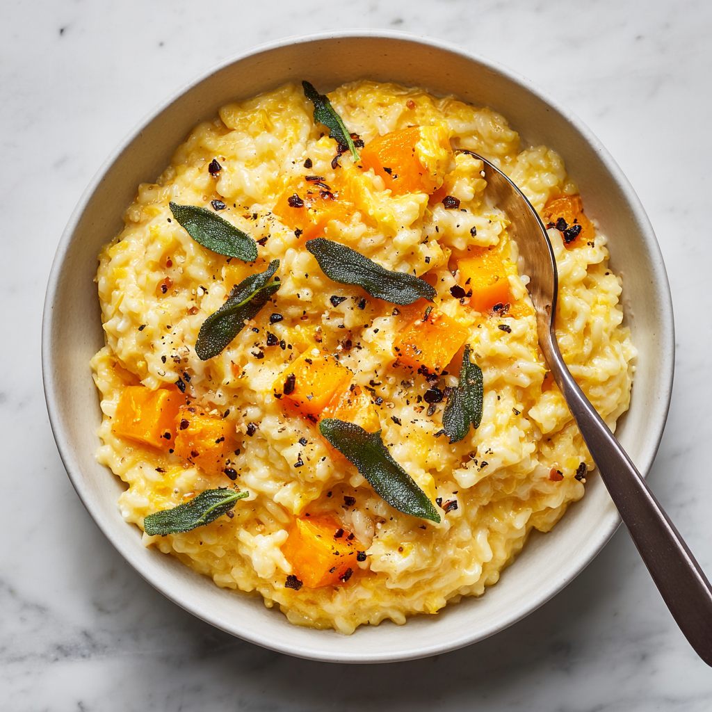 Creamy Vegan Kabocha Squash Risotto with Sage and White Wine