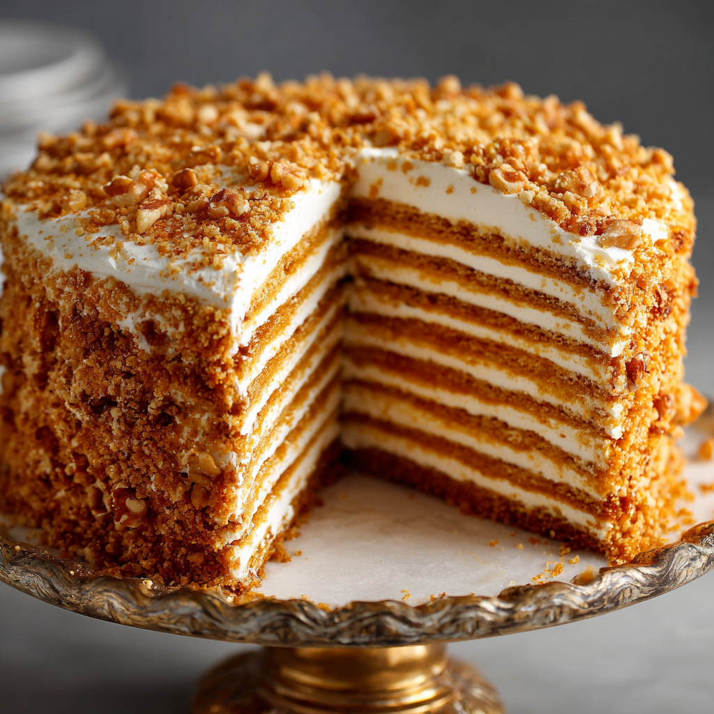 Russian Honey Layer Cake with Burnt Honey and Walnuts