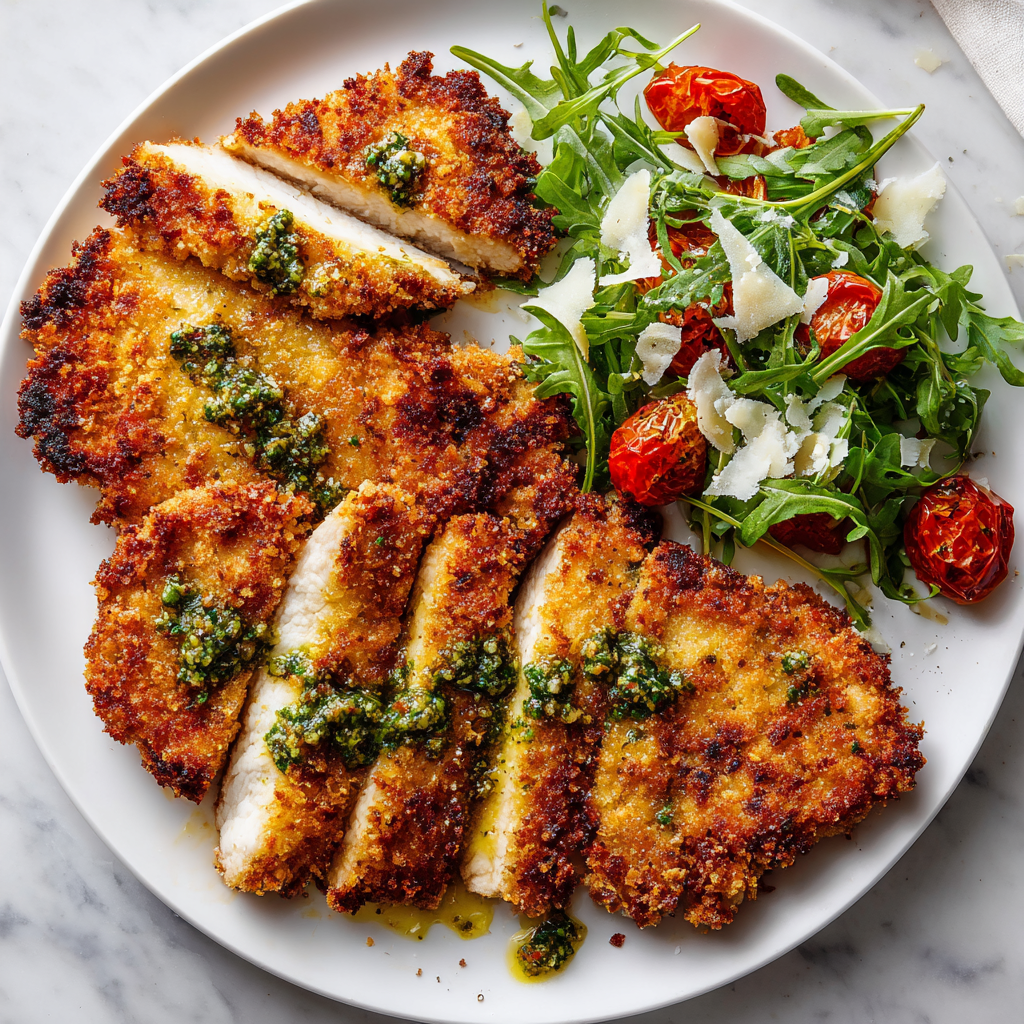 Crispy Breaded Turkey Breast Cutlets with Fresh Pesto