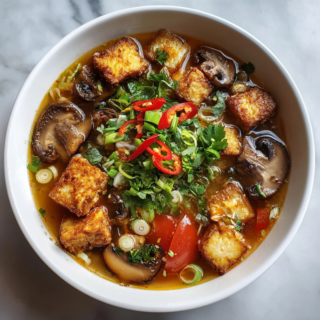 Tom Yum Soup with Crispy Tofu Cubes: A Zesty Thai Classic Reinvented