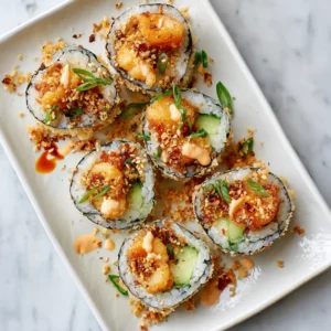 Crispy Spicy Shrimp Sushi with Garlic Mayo Drizzle - The Hungry Goddess