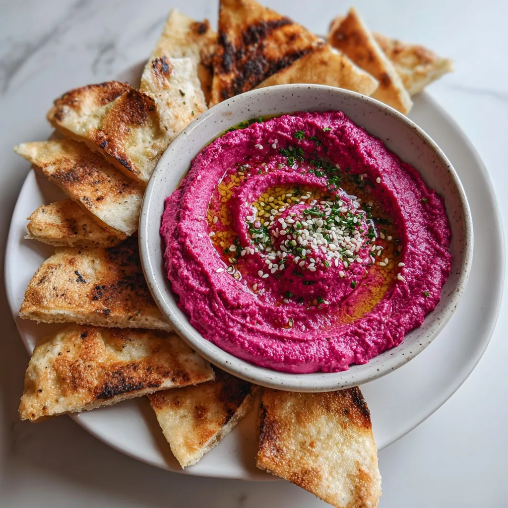 Garlic Beet Hummus Served with Pita Chips - The Hungry Goddess